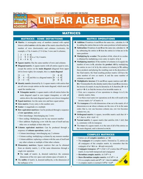 QuickStudy® Linear Algebra Laminated Study Guide – CM School Supply