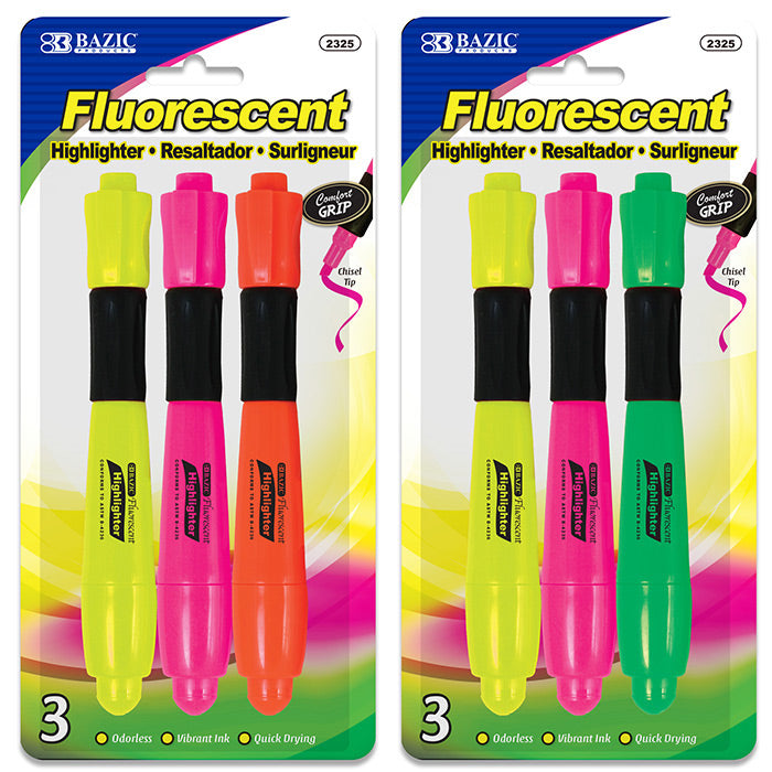 BAZIC Desk Style Fluorescent Highlighter w/ Cushion Grip (3/Pack) – CM ...