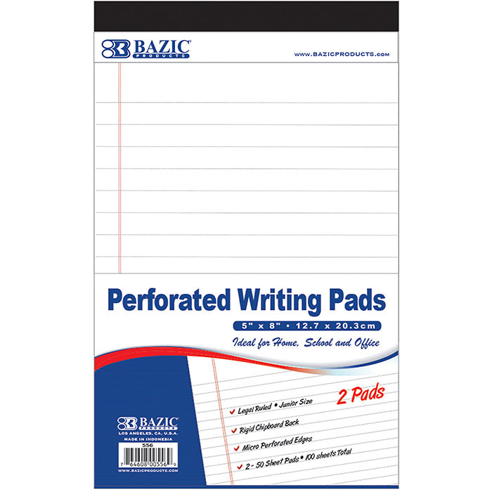 BAZIC 50 Ct. 5" X 8" White Jr. Perforated Writing Pads (2/Pack) – CM ...